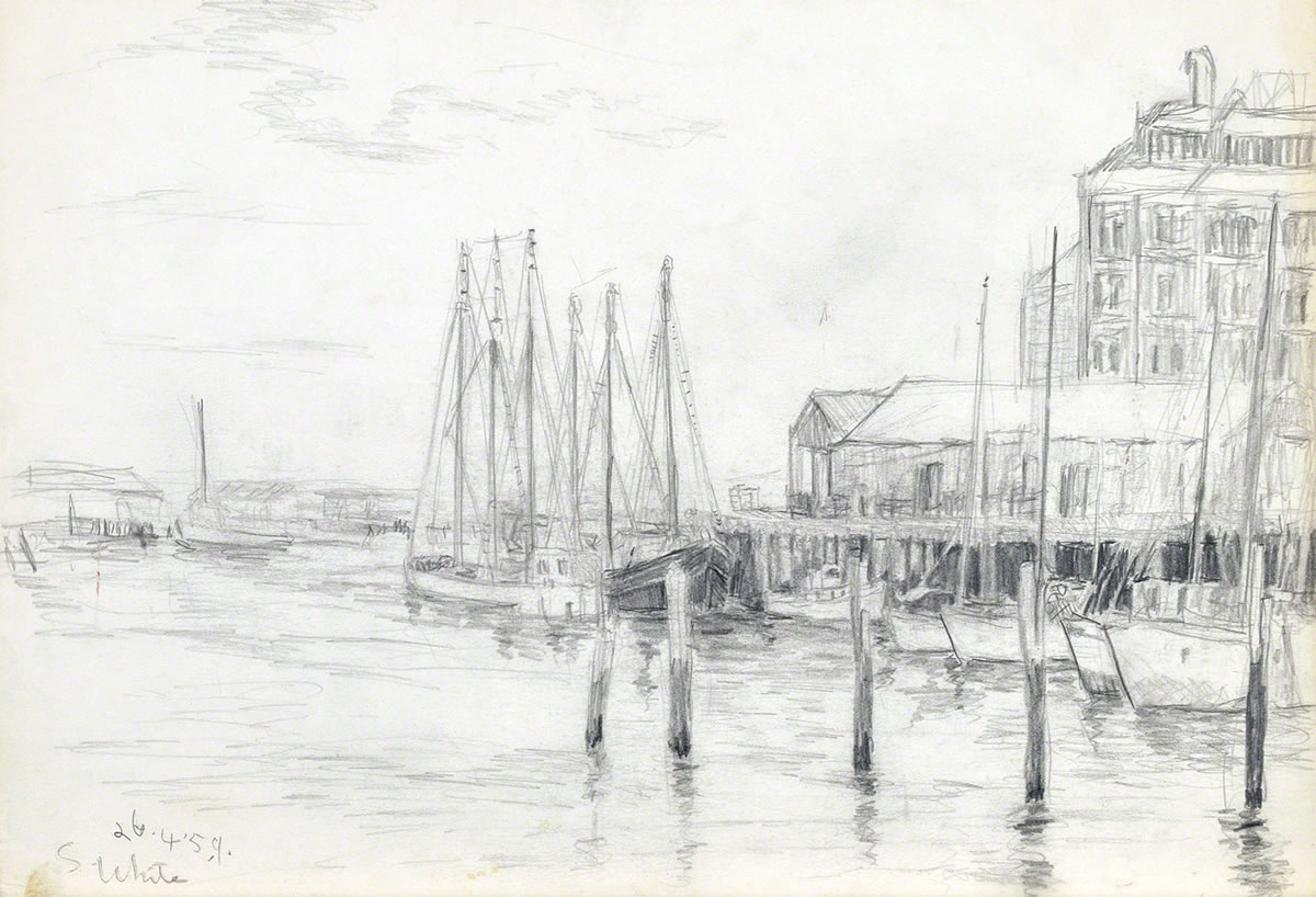 Docks, Port Adelaide 1959 pencil 26 x 37.5 cm by © Susan Dorothea White